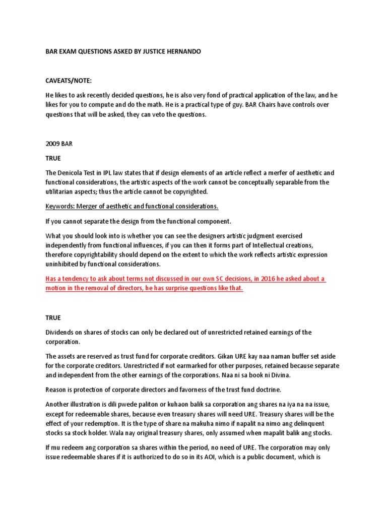 Bar Exam Questions Asked by Justice Hernando | Download Free PDF ...