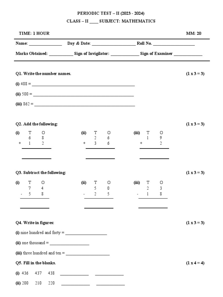 Periodic Test - II Class 2 Mathematics | PDF