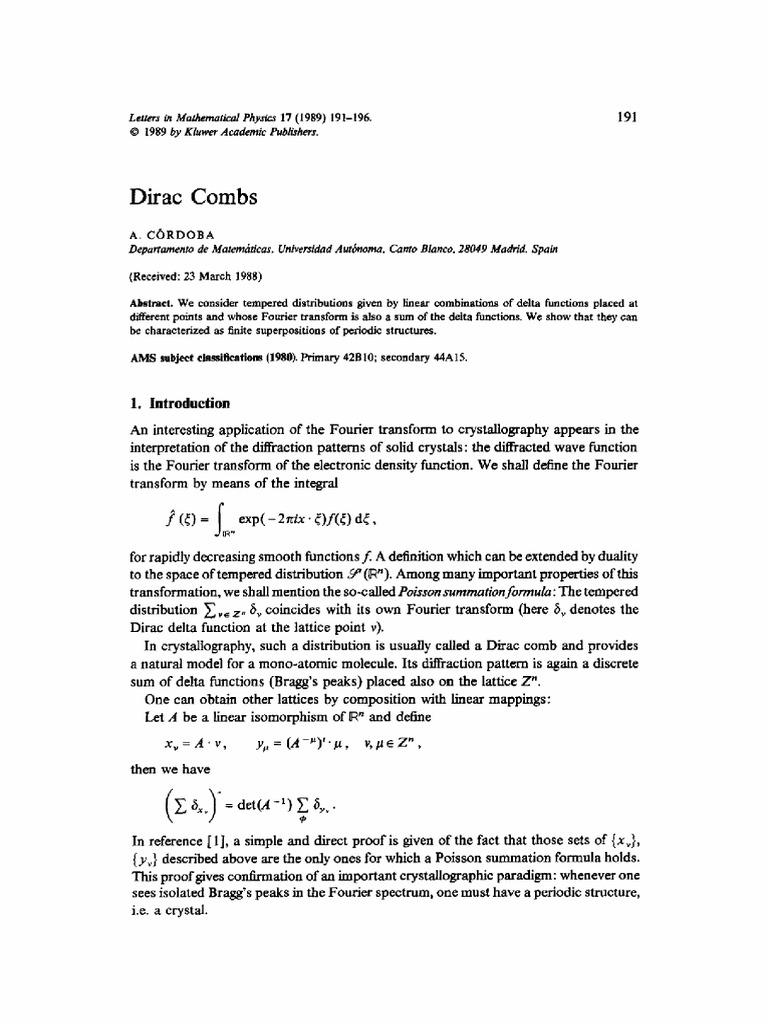 Dirac Combs Córdoba | PDF | Distribution (Mathematics) | Fourier Transform
