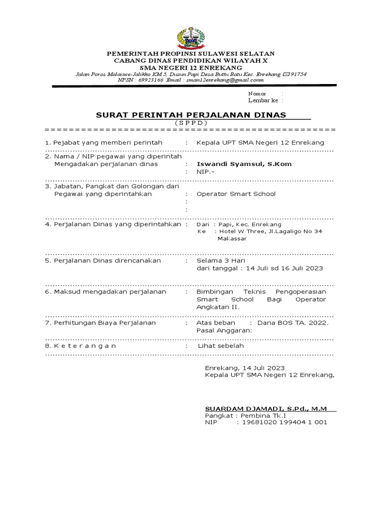 Contoh SPPD Dan Laporan Pertanggung Jawabannya Dana Bos | PDF