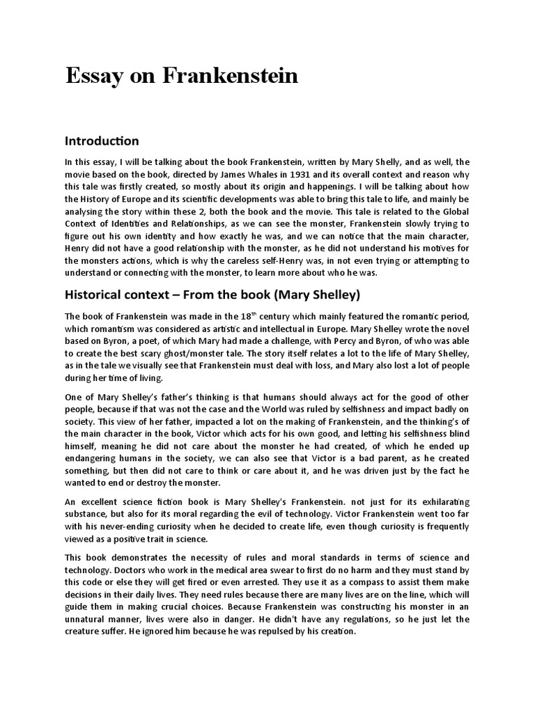 Frankenstein Essay | PDF | Frankenstein | Mary Shelley