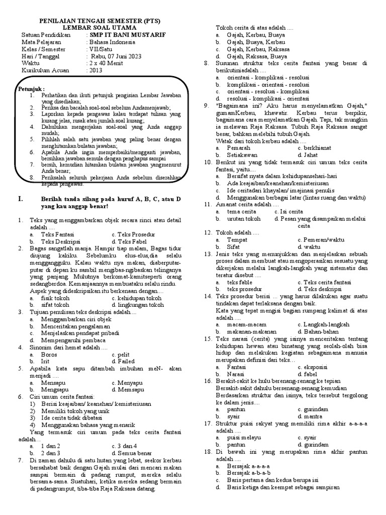 Soal Pat B Indo Sem Ii 2023 KLS Vii | PDF