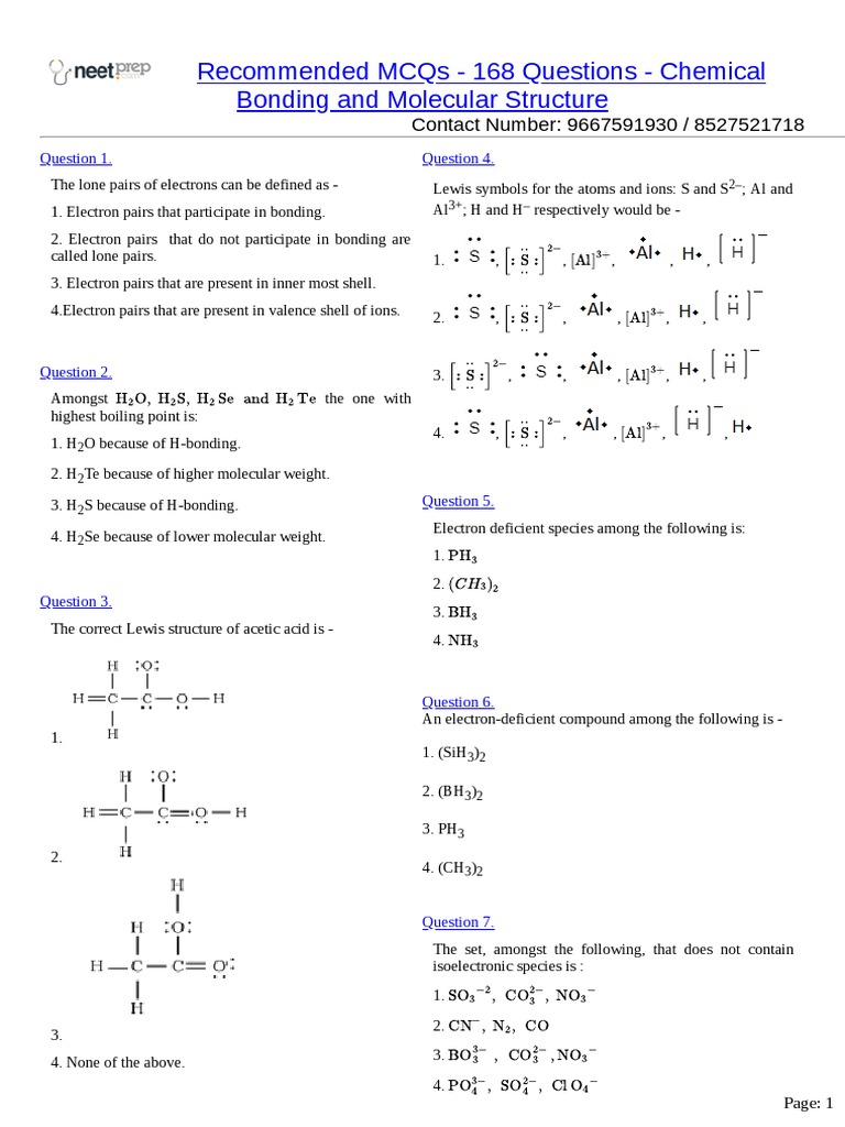Chemical Bonding And Molecular Structure Recommended Mcqs Pdf