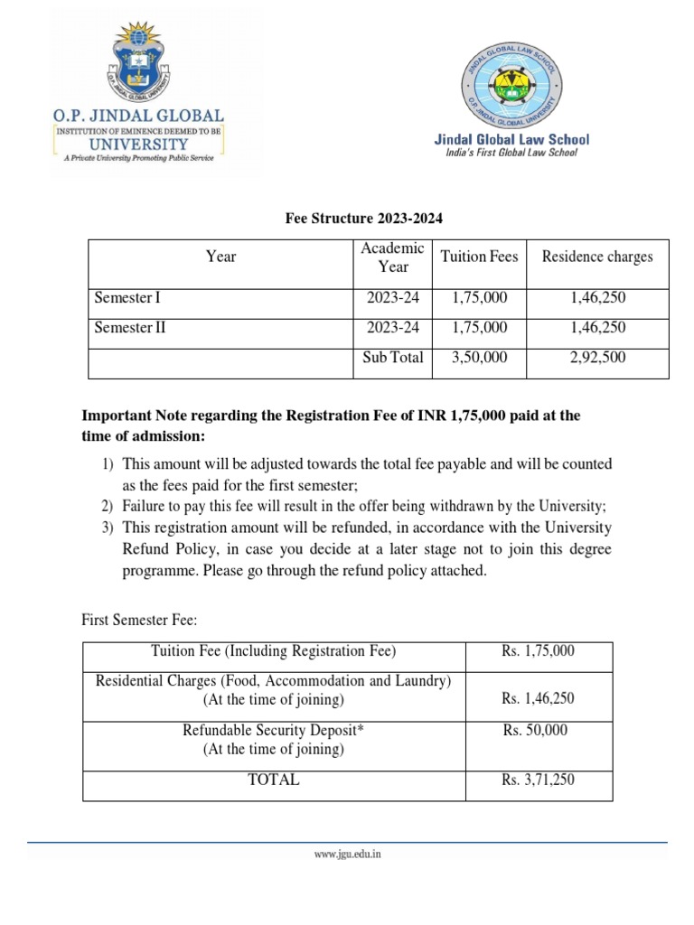 JGU Fee Structure 2023-2024 | PDF
