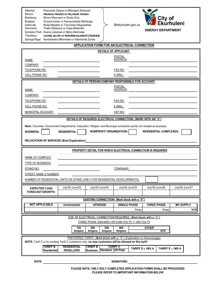 Electricity Service Connection Application Form | PDF | Electric Power ...