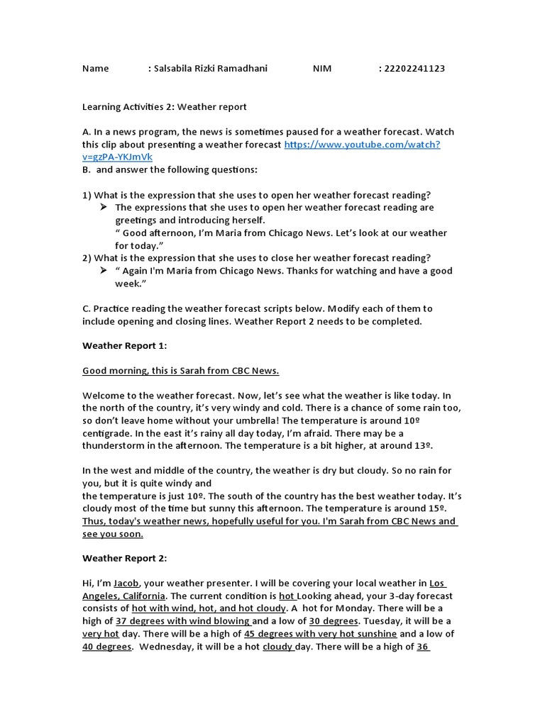Learning Activities 2 - Weather Report | PDF | Weather | Weather ...