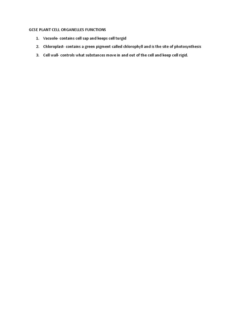 Gcse Plant Cell Organelles Functions Revision Pdf