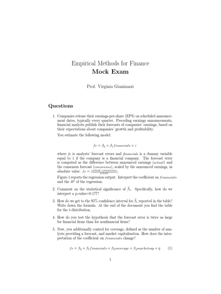 Mock Exam - Emprical Methods For Finance | PDF | Regression Analysis ...