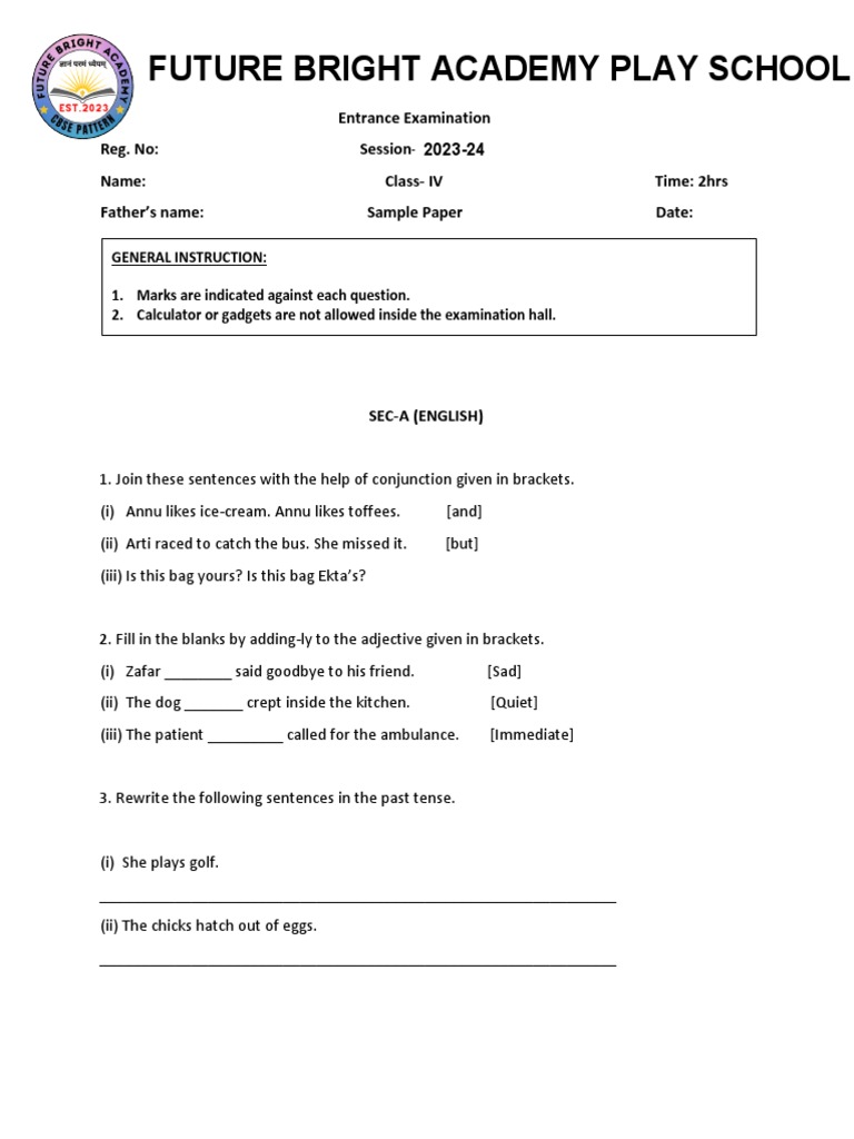 4 Entrance Sample Paper Class Iv Four (2021-22) | PDF