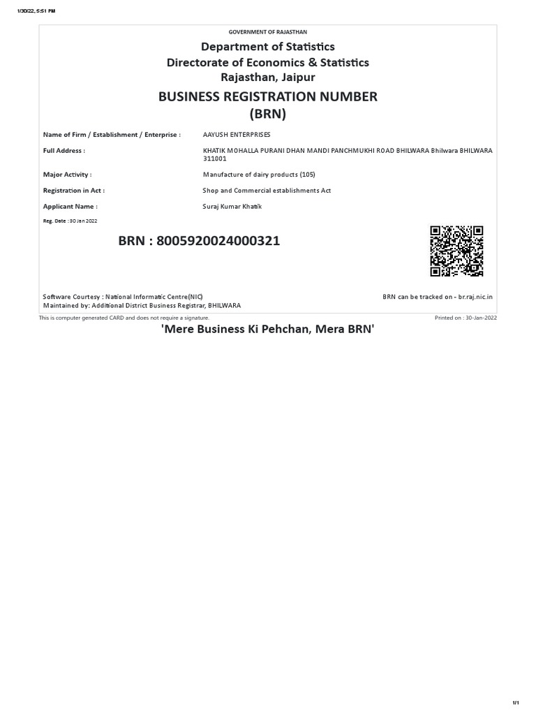 Rajasthan Business Registration Certificate | PDF