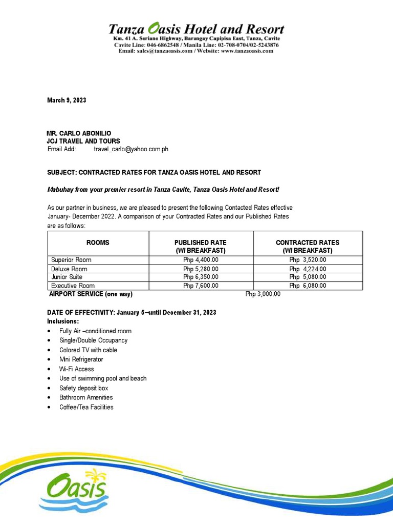 Contracted Rate-OJC Travel and Tours | PDF