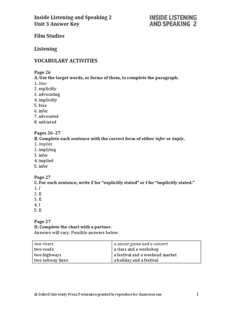 Inside Listening and Speaking 2 Unit 3 Answer Key Film Studies ...