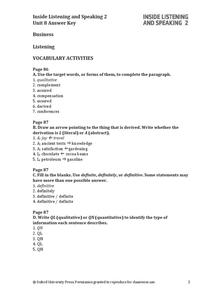 Inside Listening and Speaking 2 Unit 8 Answer Key Business Listening ...
