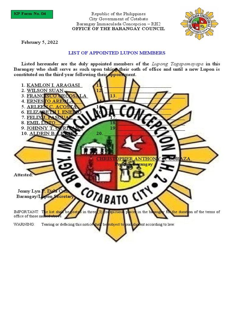 KP FORM 4 - List of Appointed Lupon Members | PDF