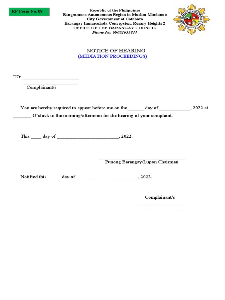 KP FORM 8 - Notice of Hearing (Mediation Pro.) | PDF