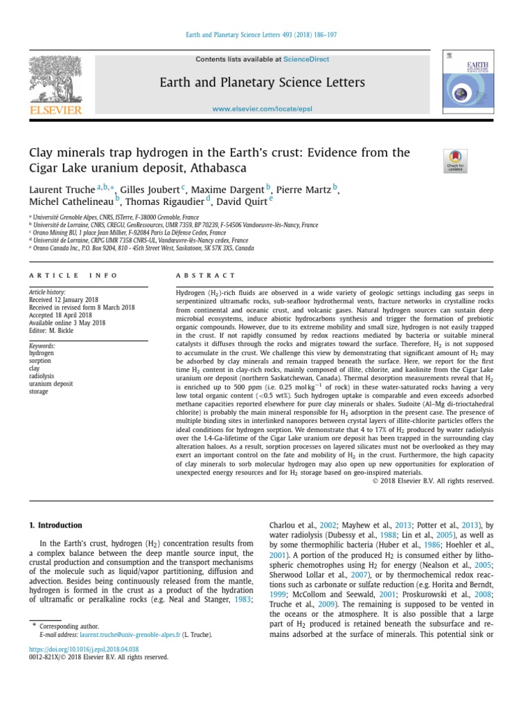 Truche - Et - Al - 2018 - Clay Minerals Trap Hydrogen in The Earth's ...
