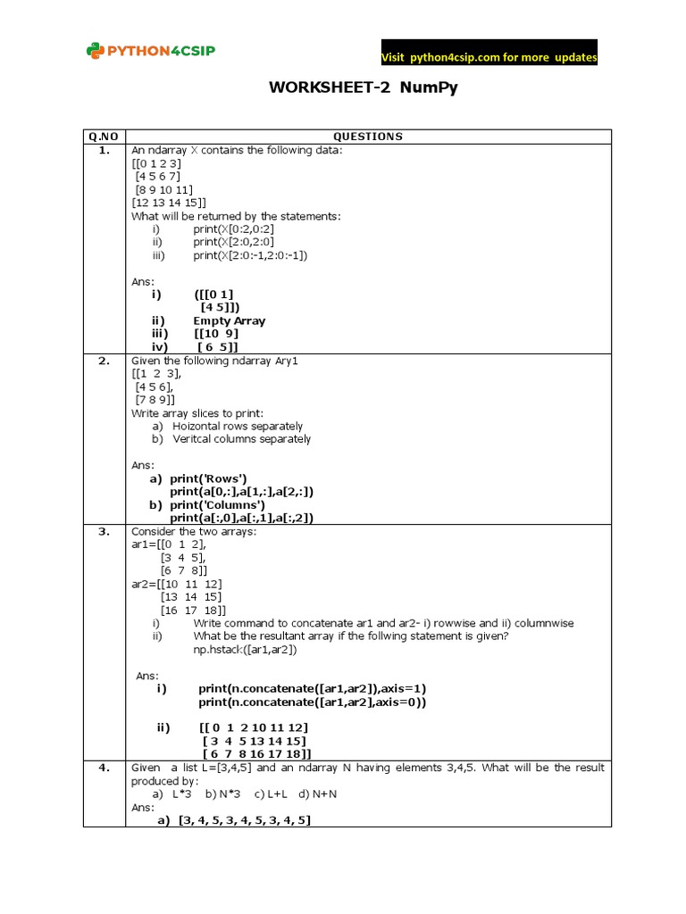 Worksheet-2 NumPy | Download Free PDF | Computational Science | Applied ... Worksheet-2 NumPy | Download Free PDF | Computational Science | Applied ...