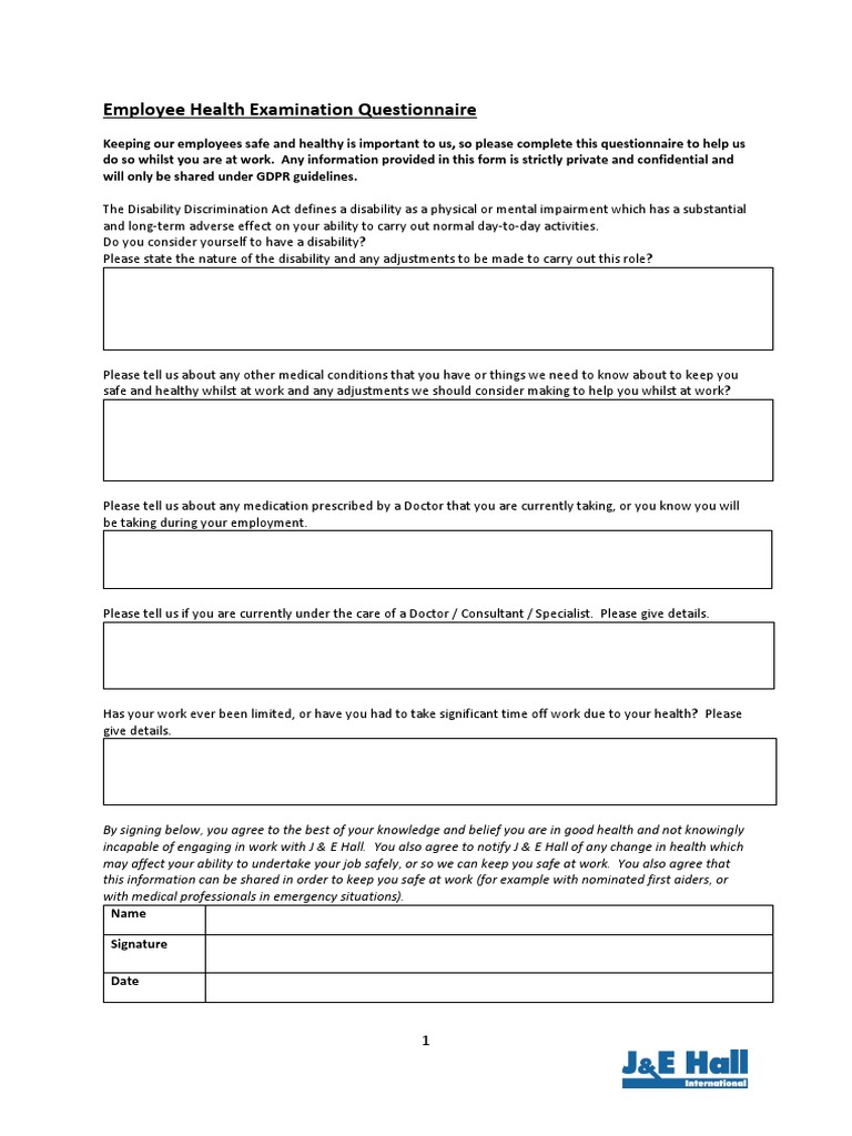 Employee Health Examination Questionnaire 2020 | PDF