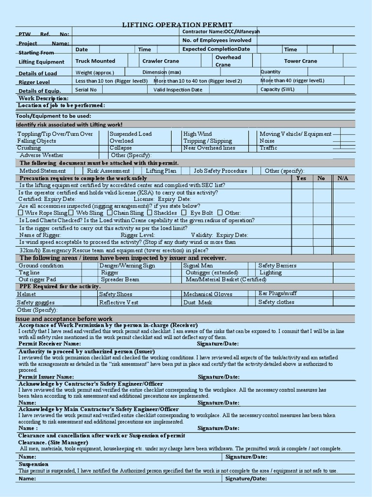 Lifting Operation Permit Checklist | PDF | Crane (Machine) | Equipment