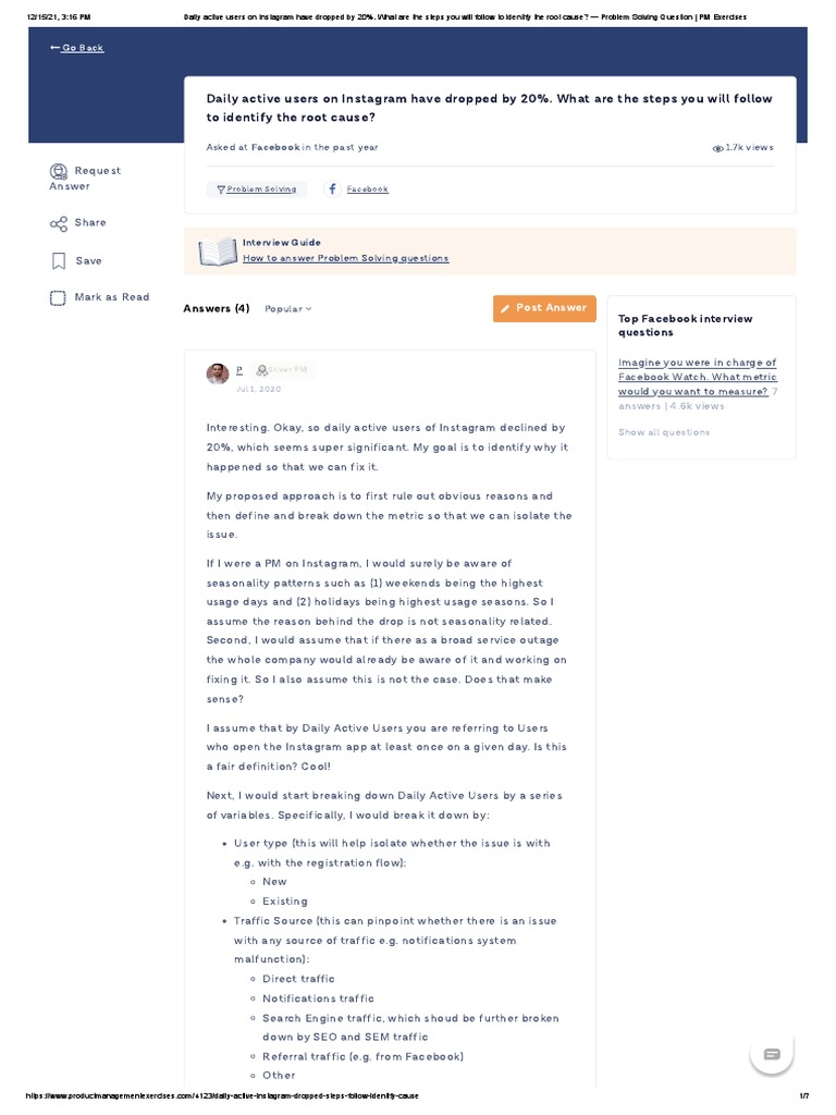 Daily Active Users On Instagram Have Dropped by 20%. What Are The Steps You Will Follow To ...