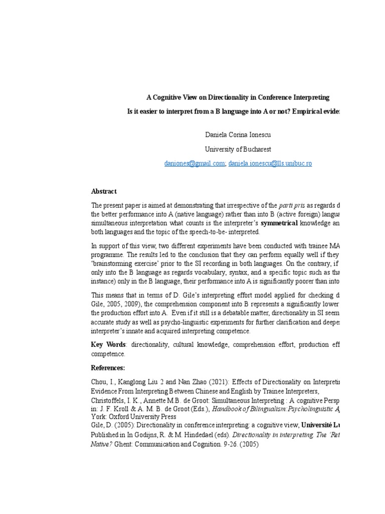 A Cognitive View On Directionality in Conference Interpreting. Abstract | PDF | Language ...
