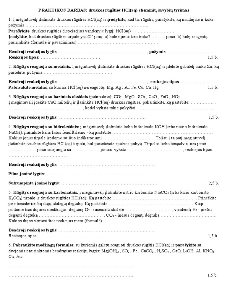 10 kl. PRAKTIKOS DARBAS_ druskos rūgšties HCl(aq) cheminių savybių ...