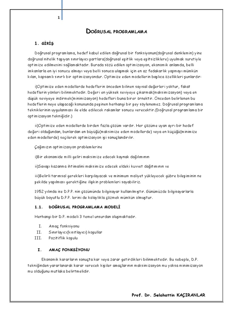 Doğrusal Programlama 1 | PDF