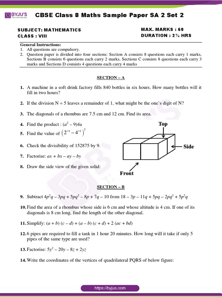 Cbse Class 8 Maths Sample Paper Sa 2 Set 2 Pdf Area Milky Way
