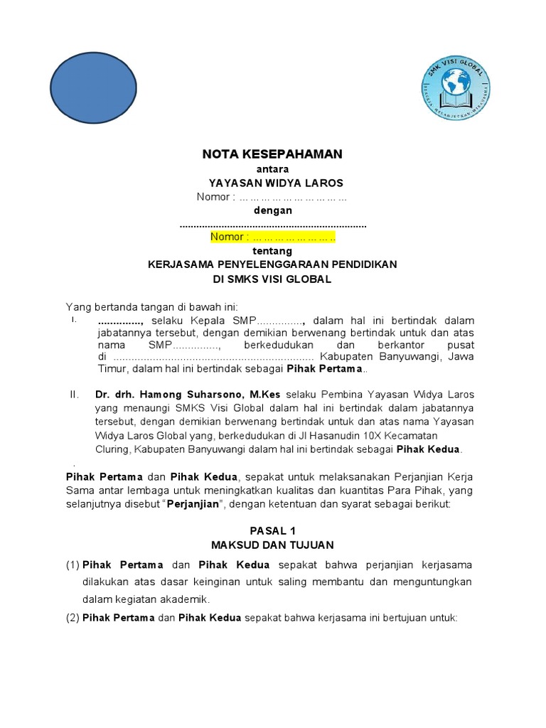Nota Kesepahaman Yayasan Widya Laros | PDF