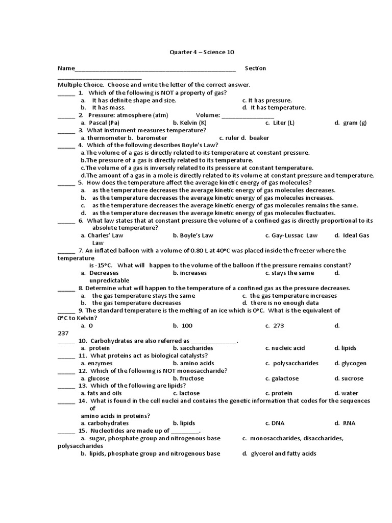 Science 10 Summative Test q4 | PDF | Carbohydrates | Gases