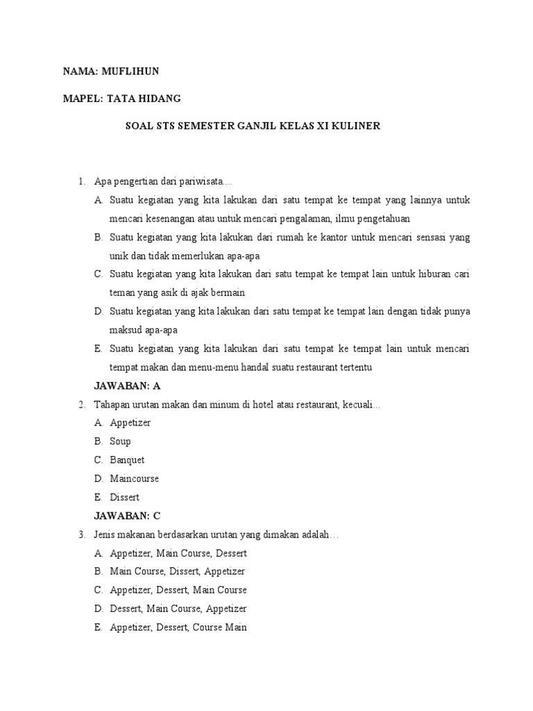 Soal Tata Hidang Kelas XI Kuliner | PDF | Memasak, Makanan, & Anggur | Seni