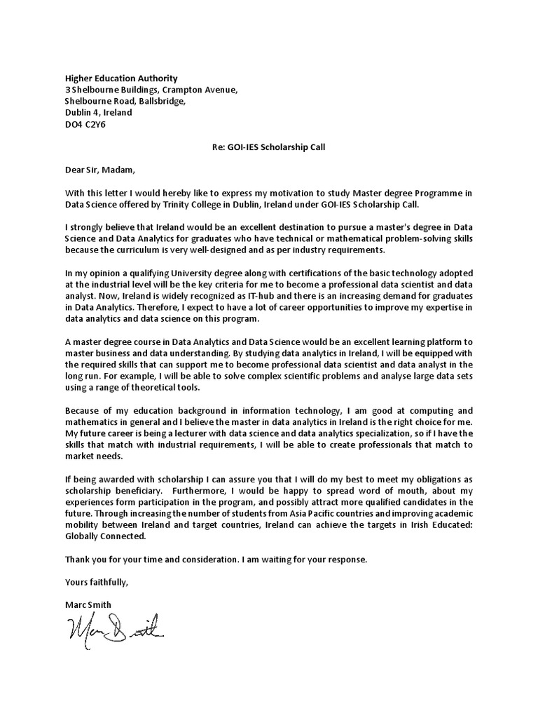 Motivation Letter For Scholarship in Ireland | PDF