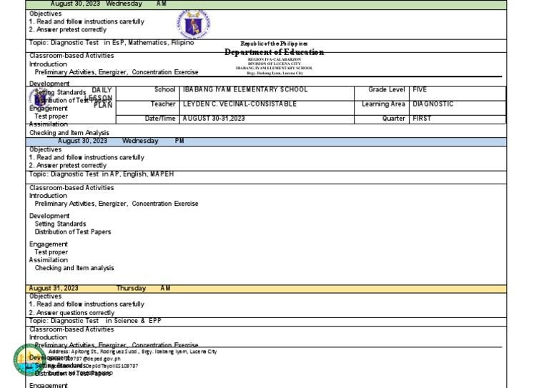 Diagnostic Test Lesson Plan | PDF