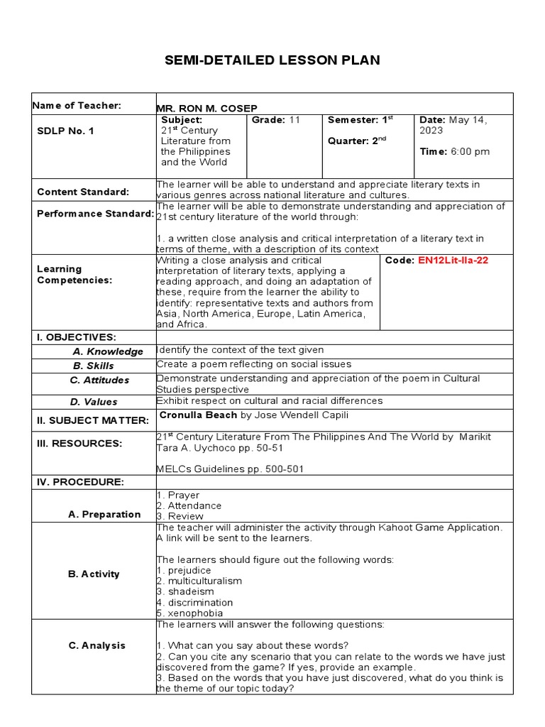 LESSON DESIGN DOC GONZALES RONs GROUP CRONULLA BEACH | PDF | Learning ...
