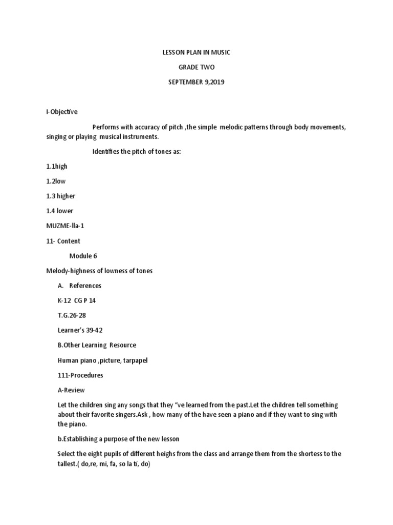Lesson Plan in Music | PDF | Pitch (Music) | Lesson Plan