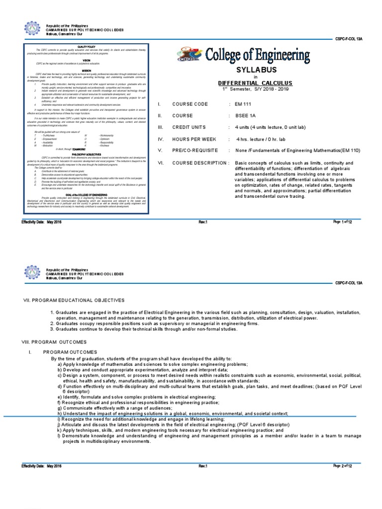 Differential Calculus Syllabus 1st Sem 2020 2021 | PDF