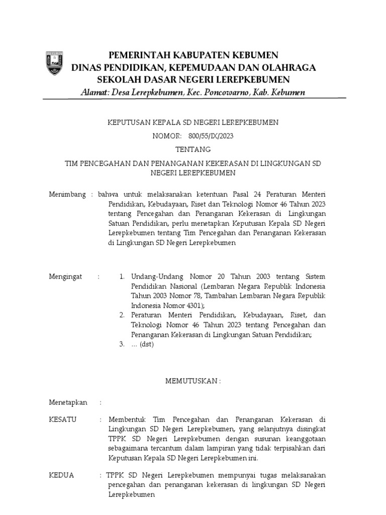 Contoh SK TPPK - SDN Lerepkebumen | PDF