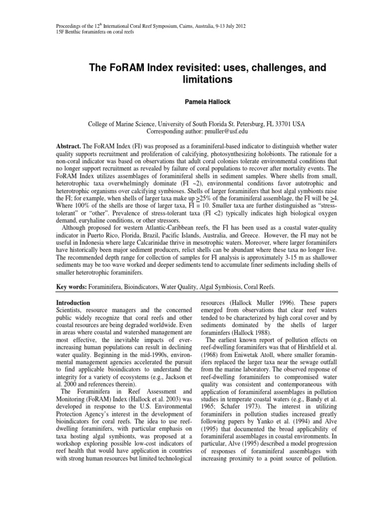 Hallock (2012) The FoRAM Index Revisited | PDF | Coral | Environmental ...