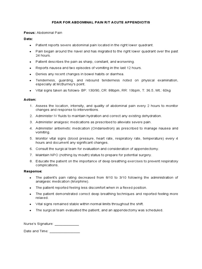 FDAR for Acute Appendicitis Pain | PDF