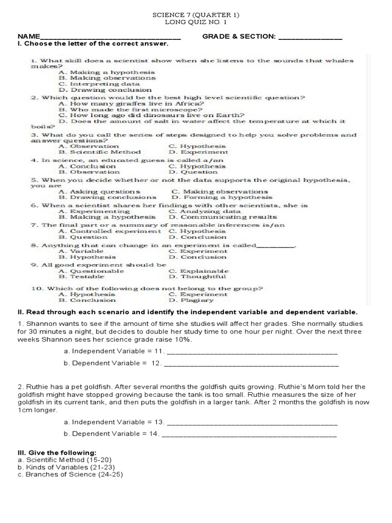 Long Quiz About Scientific Method and Variables | PDF