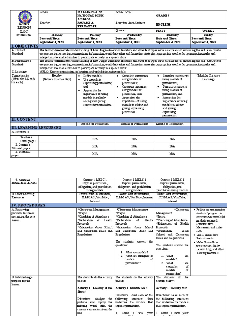 Daily Lesson LOG: I. Objectives | PDF | Question | Linguistics