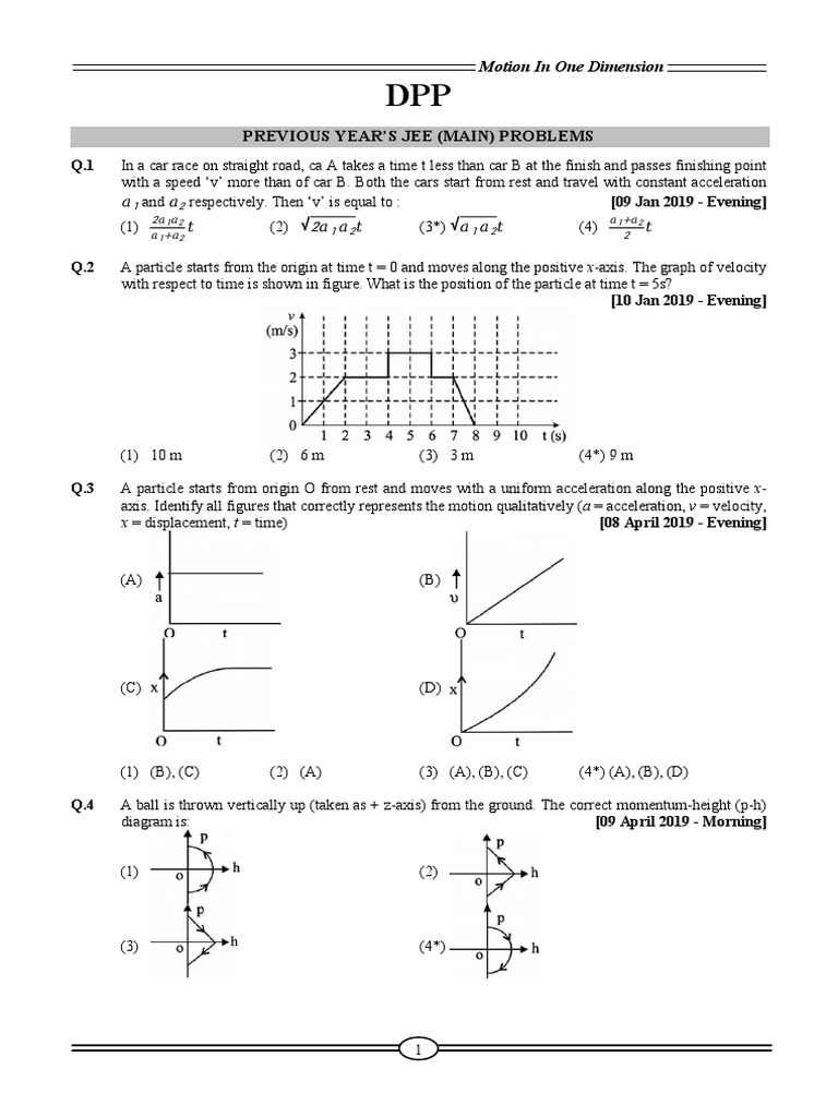 Motion in One Dimension - 2023 - DPP | PDF | Acceleration | Kinematics