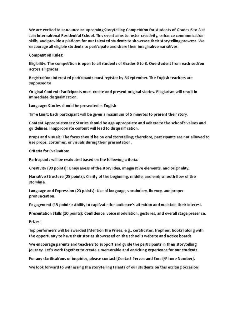 Storytelling Competition for Grades 6-8 | PDF
