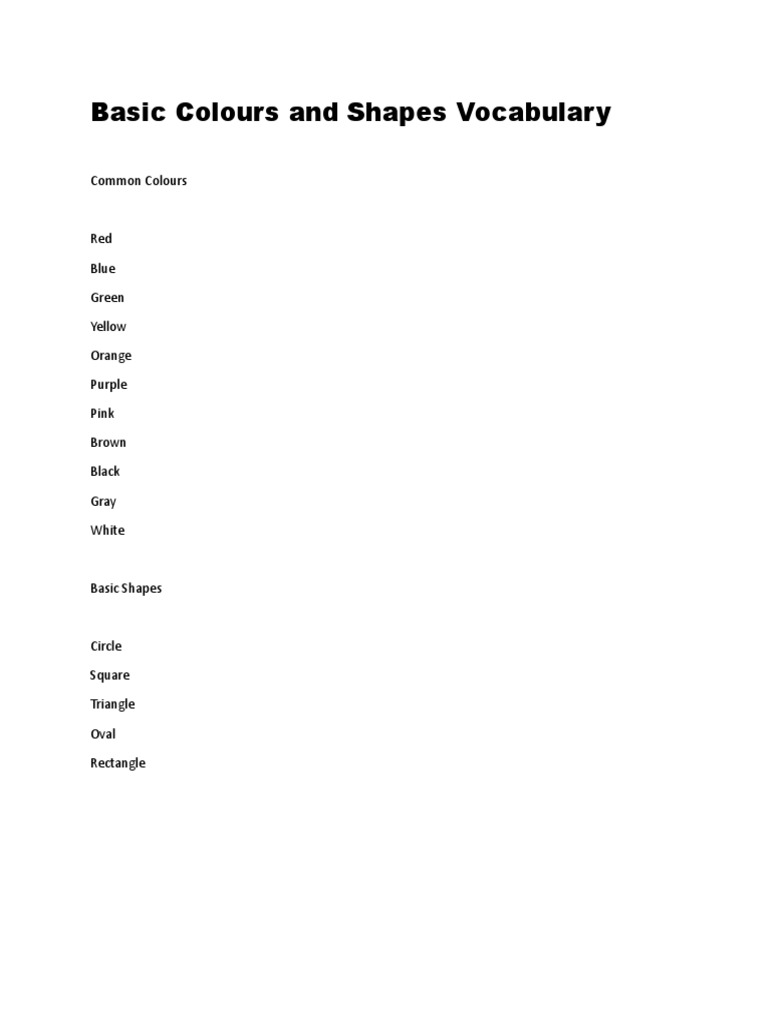 Basic Colours and Shapes Vocabulary | PDF