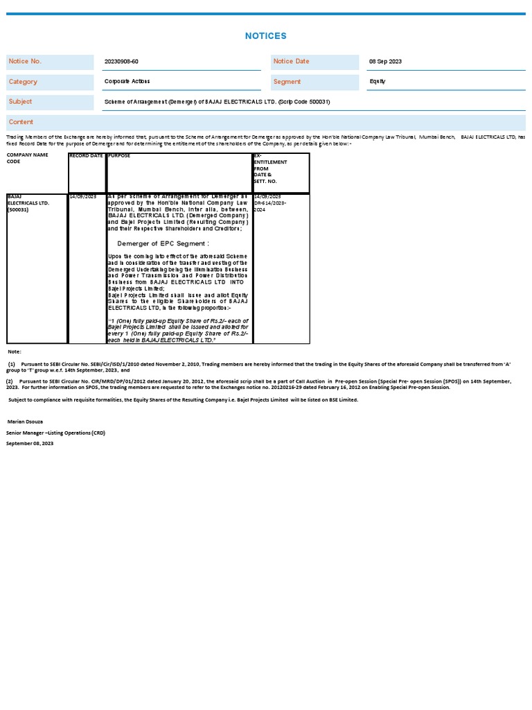 Scheme of Demerger | PDF