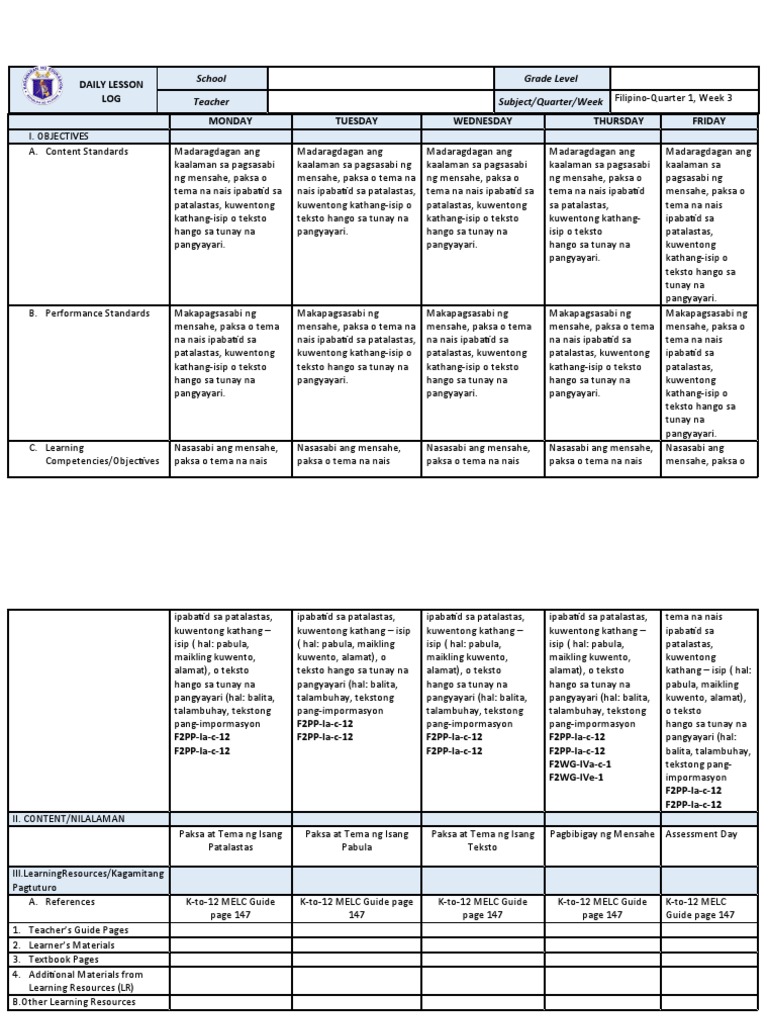DLL FILIPINO-2 Q1 w3 | PDF