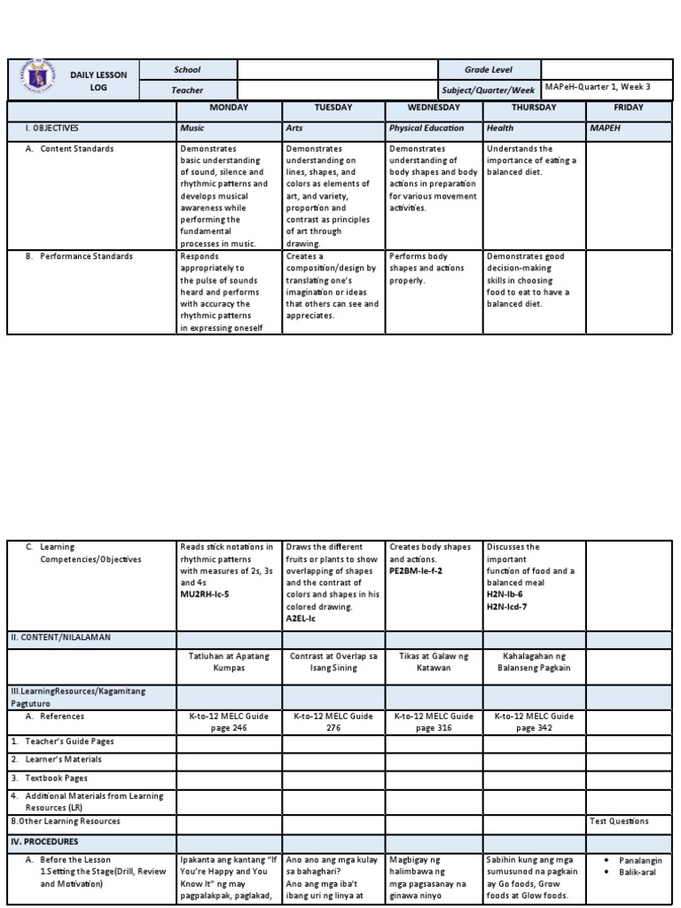 DLL MAPeH-2 Q1 w3 | PDF