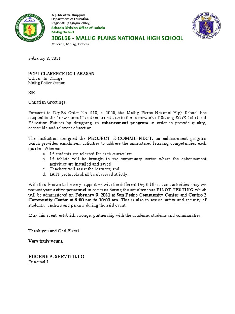 Letter PNP Pilot Testing | PDF