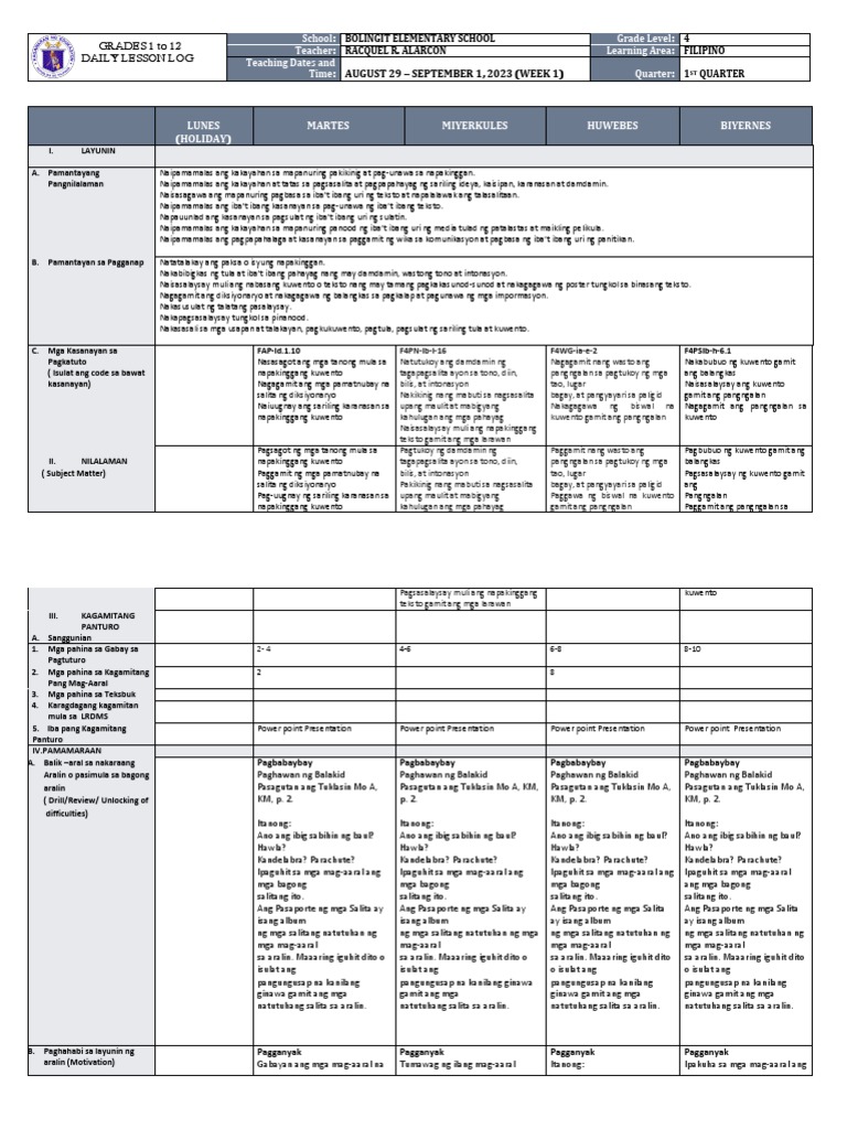 DLL Filipino-4 Q1 W1 | PDF