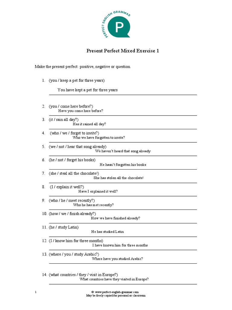 Present Perfect Form Mixed Exercise 1 Abcdpdf PDF To Word | PDF